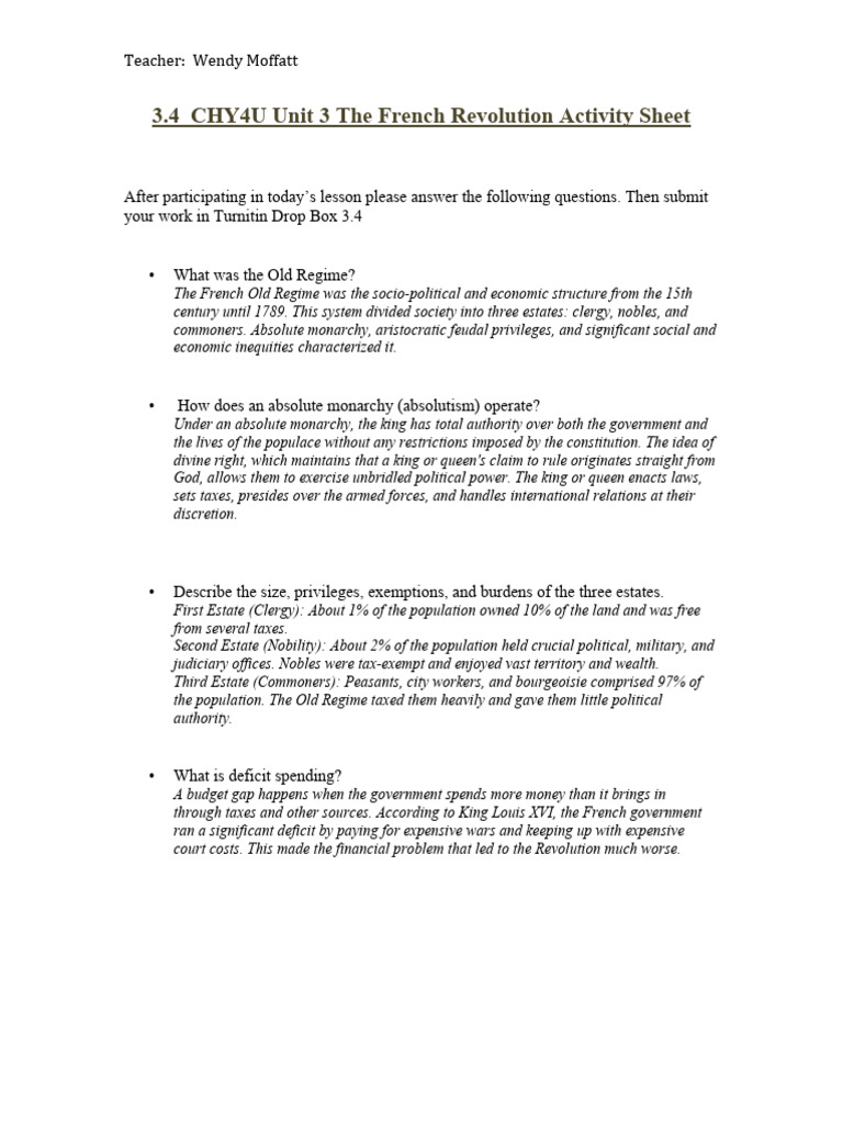 3.4 CHY4U Unit 3 The French Revolution Class Activity Express | PDF ...