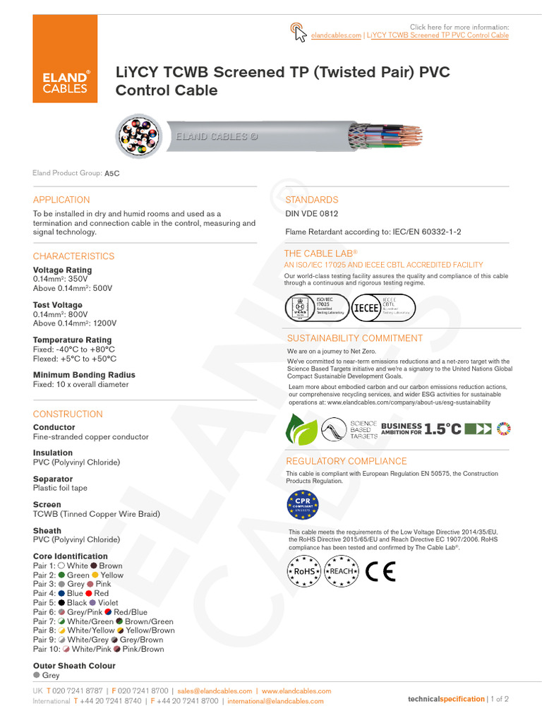 Liycy TCWB Screened TP Twisted Pair PVC Control Cable | PDF | Polyvinyl Chloride | Electrical ...