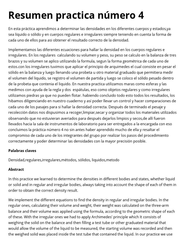 Resumen Practica Número 4 - 20240504 - 144549 - 0000 | PDF | Volumen | Balanza