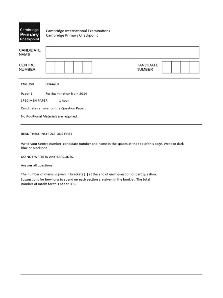 Primary Checkpoint English 0844 Specimen 2014 Paper 1 | PDF | Fox ...