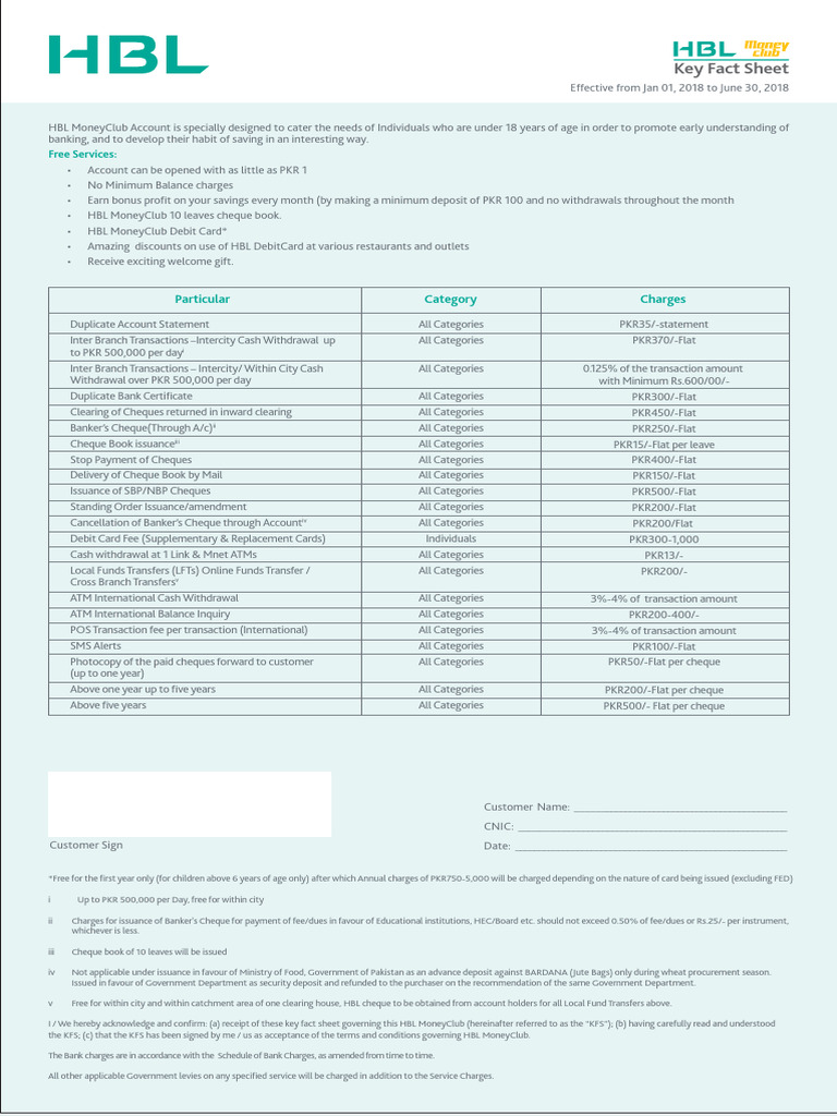 Key Fact Sheet (HBL MoneyClub) - January 2018 | PDF | Cheque | Banks