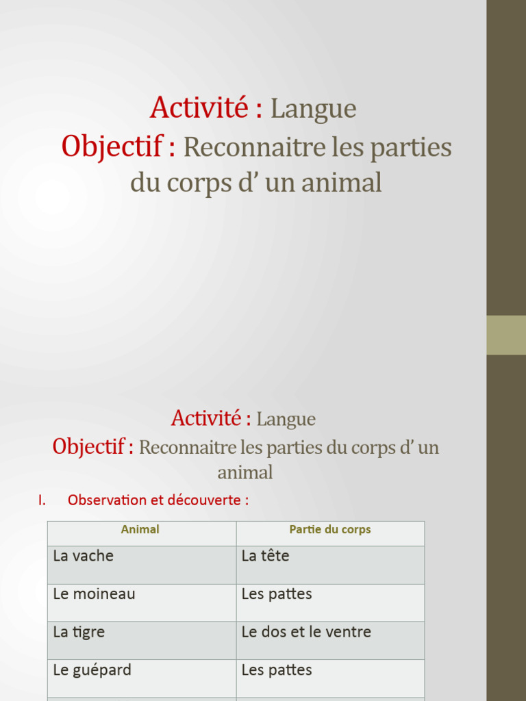 Reconnaitre les parties du corps d'un animal S5 | PDF
