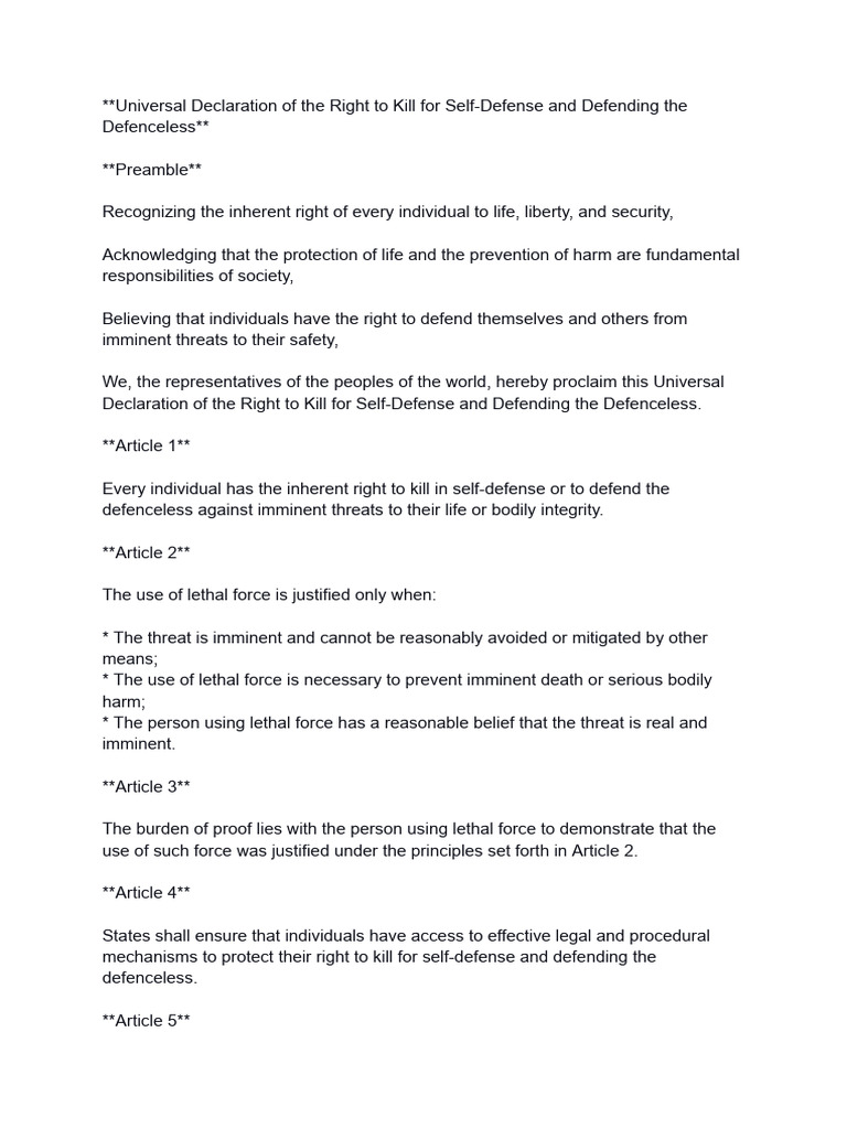 Right to Kill for Self-Defense Declaration | PDF | Deadly Force | Self ...