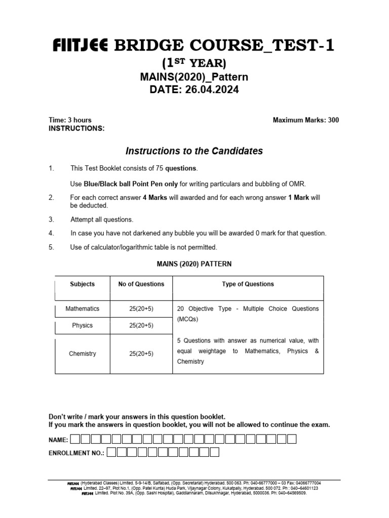 JR Bridge Course Test-1 (Mains) 26.04.2024 | PDF | Force | Euclidean Vector