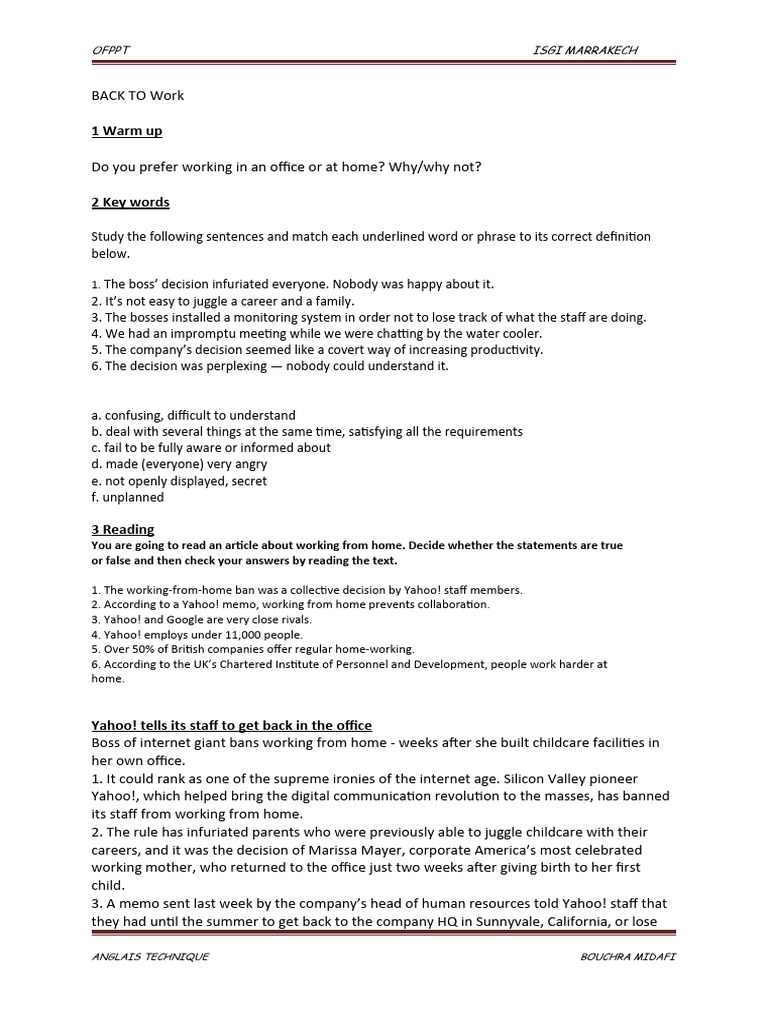 Back To Work STD Sheet | PDF