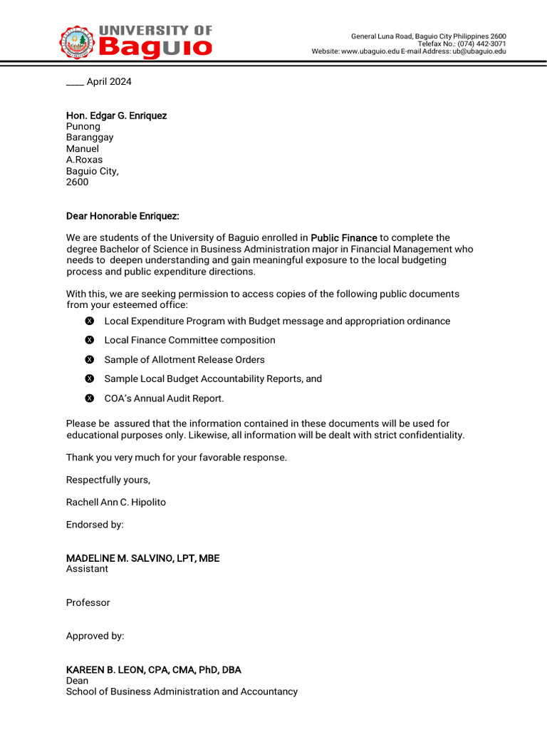 Letter To LGU Enriquez | PDF | Finance & Money Management