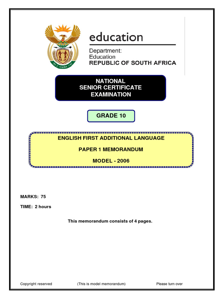 Grade 10 English Fal Paper 1 Exemplar 2006 Memorandum | PDF | Human ...