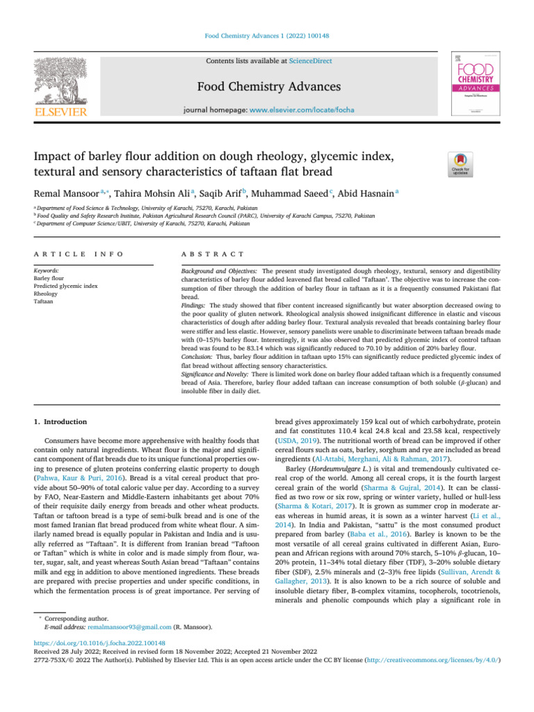 Impact of Barley Flour Addition On Dough Rheology, Glycemic Index ...
