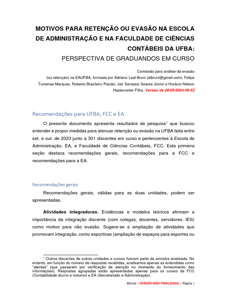 Relatorio Comissao Retencao EAUFBA | PDF | Aprendizado | Educação à ...