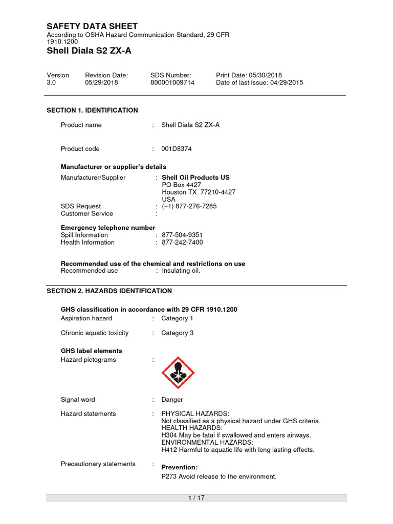 Shell Diala S2 ZX-A Safety Data | PDF | Occupational Safety And Health ...