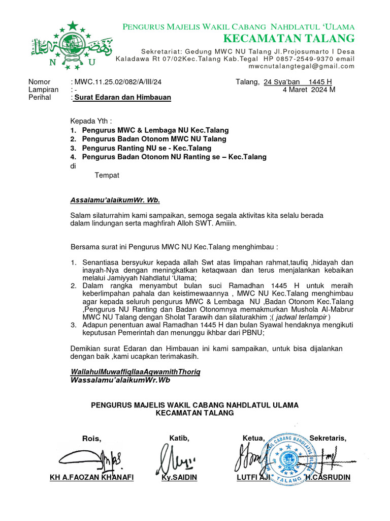 Surat Edaran Dan Jadwal Tarkhim | PDF