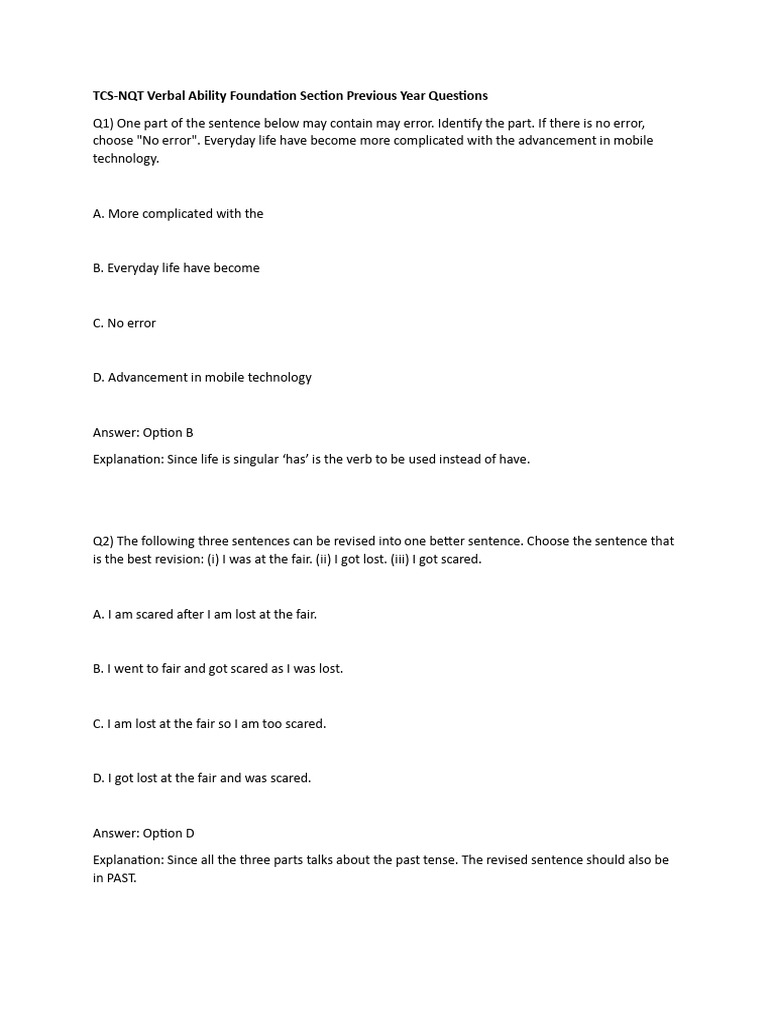 TCS-NQT Verbal Ability Practice Questions | PDF | Prices | Speed