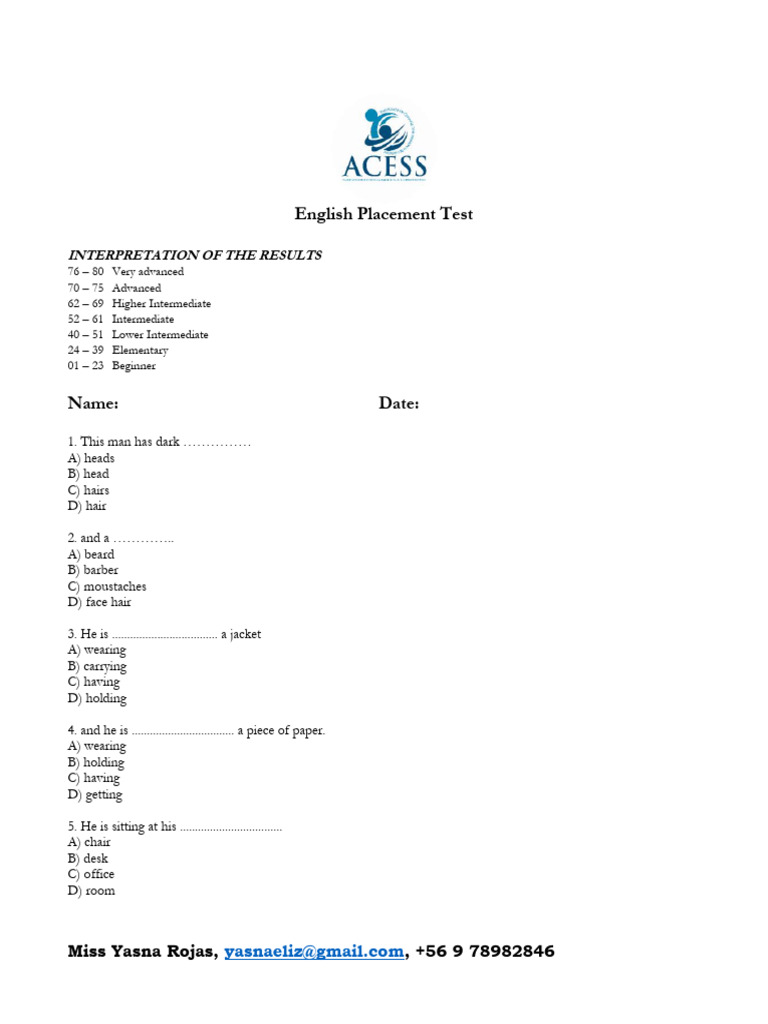 ACESS English Placement Test 80 Questions No Answers | PDF | Teaching ...