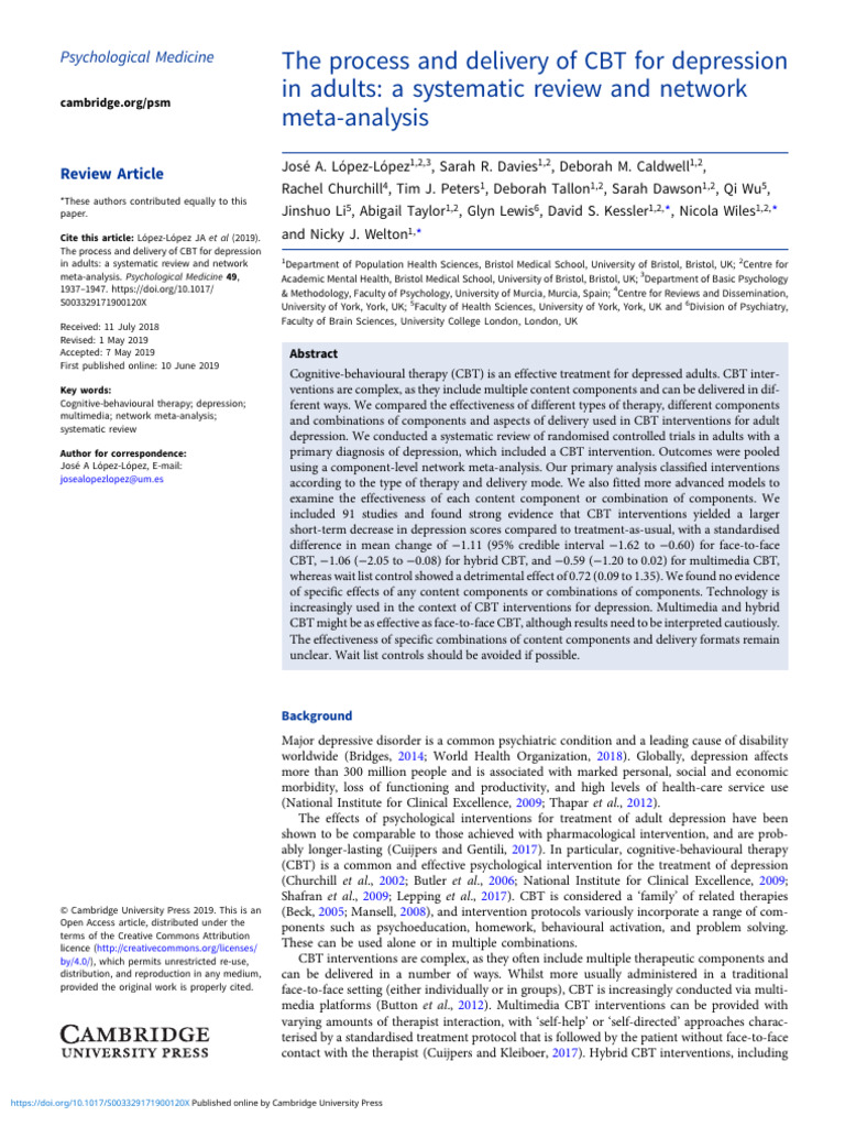 The Process and Delivery of Cbt for Depression in Adults a Systematic ...