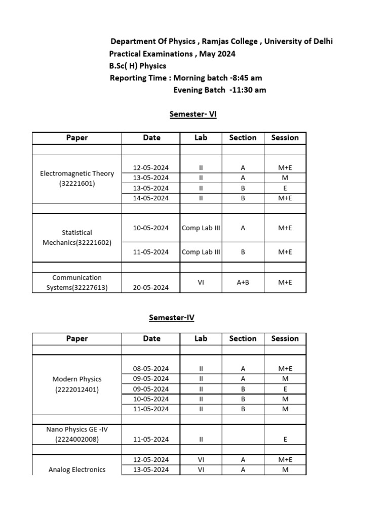 Date Sheet B.SC (H) Physics May 2024 | PDF | Physics | Electronics Date Sheet B.SC (H) Physics May 2024 | PDF | Physics | Electronics