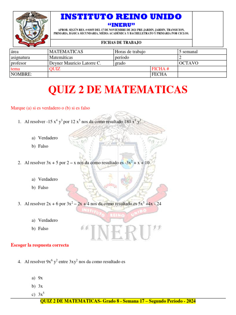 Quiz Matematicas 2 | PDF