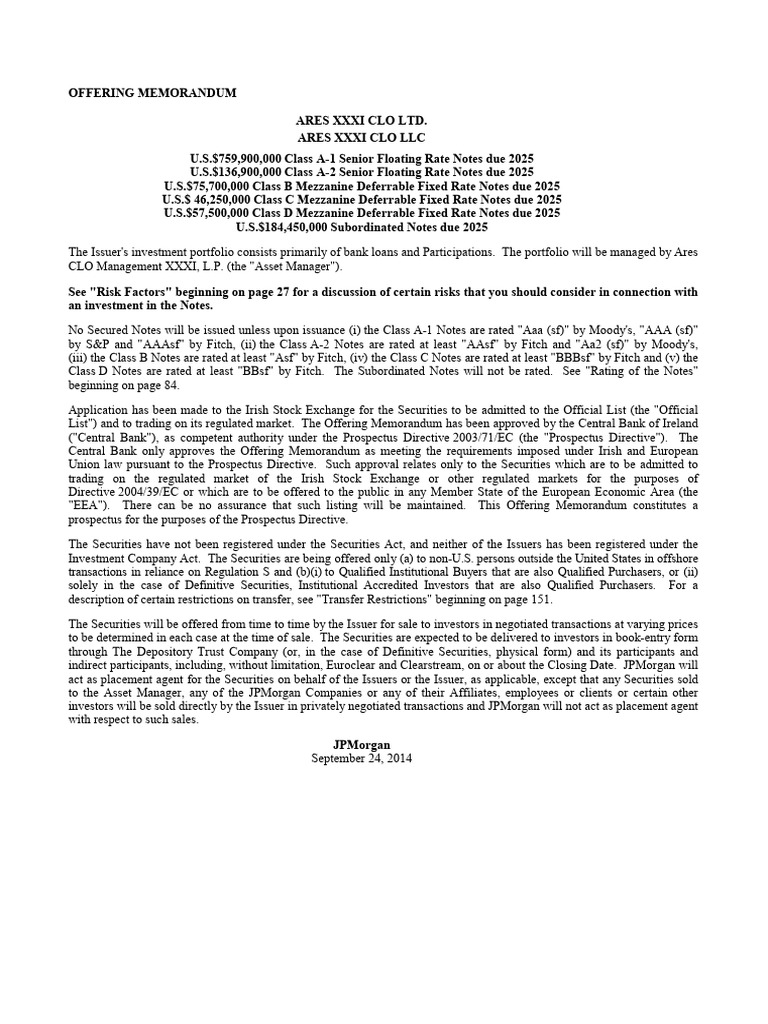 Ares XXXI CLO Offering Memorandum | PDF | Securities (Finance ...