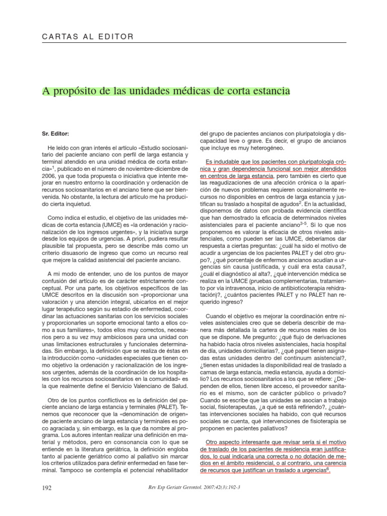 A propósito de las unidades médicas de corta estancia - Rev Esp Geriatr ...