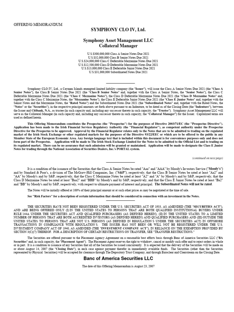 Symphony IV PPM | PDF | Securities (Finance) | Prospectus (Finance)