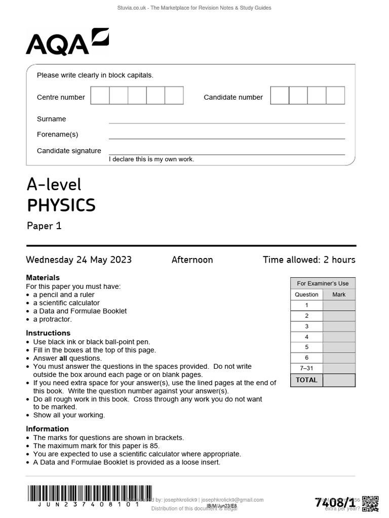 A-Level Physics Exam Paper 1 Guide | PDF | Buoyancy | Wavelength