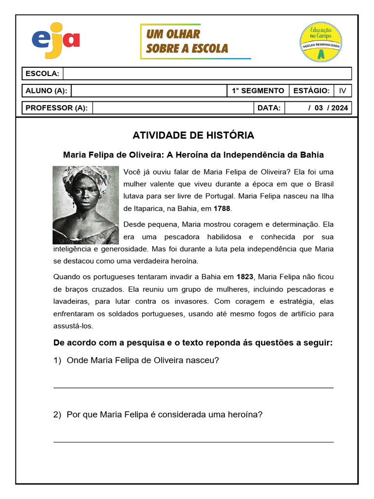 Atividade sobre Maria Felipa e Independência da Bahia | PDF