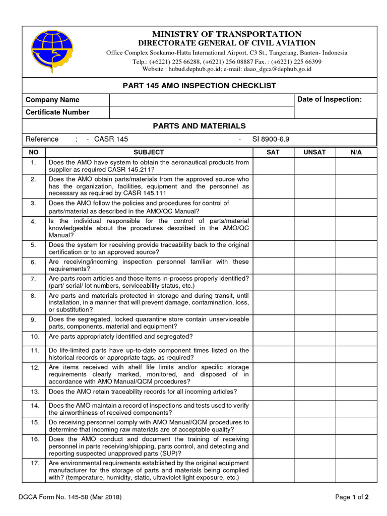 AMO Inspection Checklist Form 145-58 | PDF | Computers | Technology ...