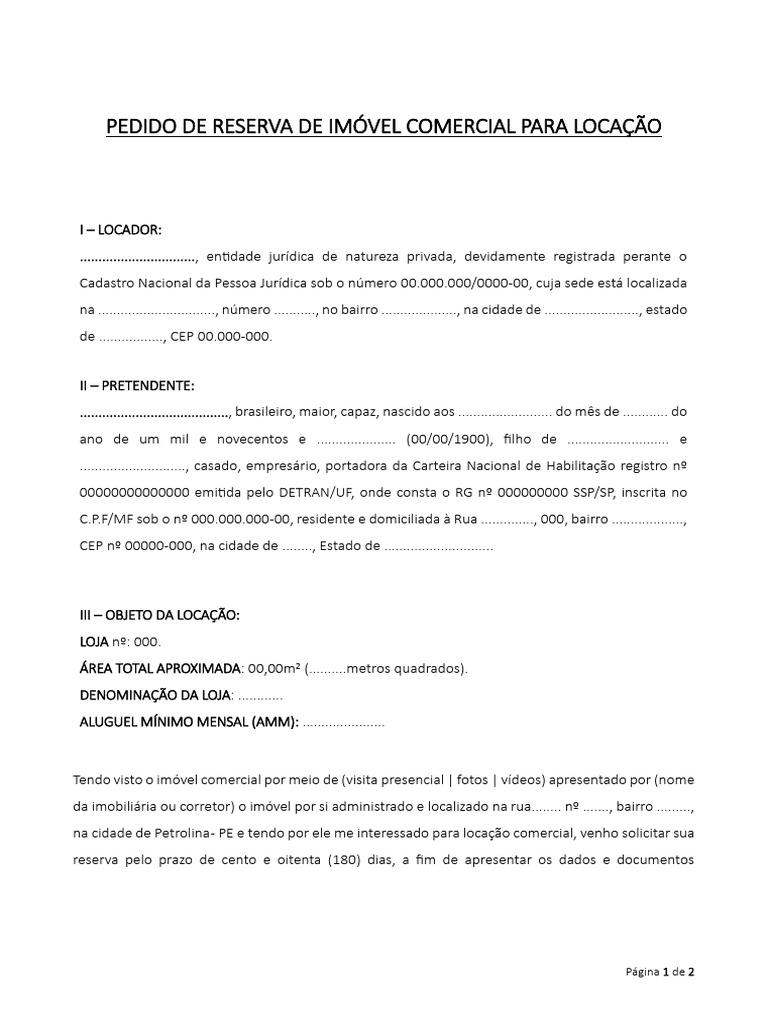 Modelo - Pedido de Reserva de Imóvel para Locação | PDF | Finanças e ...