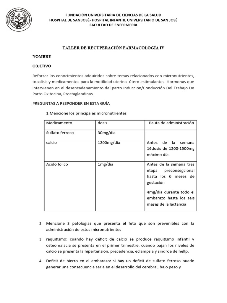 Taller de Recuperacion Trimestral 1 | Descargar gratis PDF | El embarazo | Parto