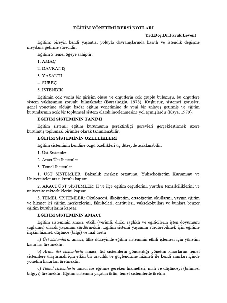 Egitim Yonetimi Dersi Notlari 2 | PDF