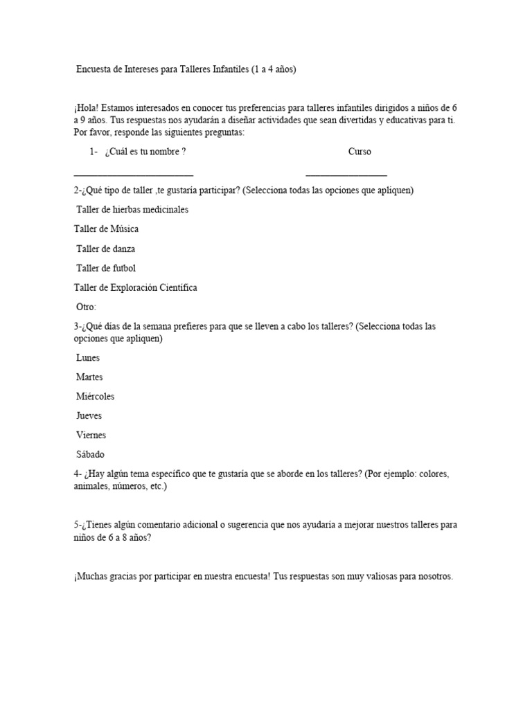 Encuesta de Intereses para Talleres Infantiles | PDF | Artes del ...