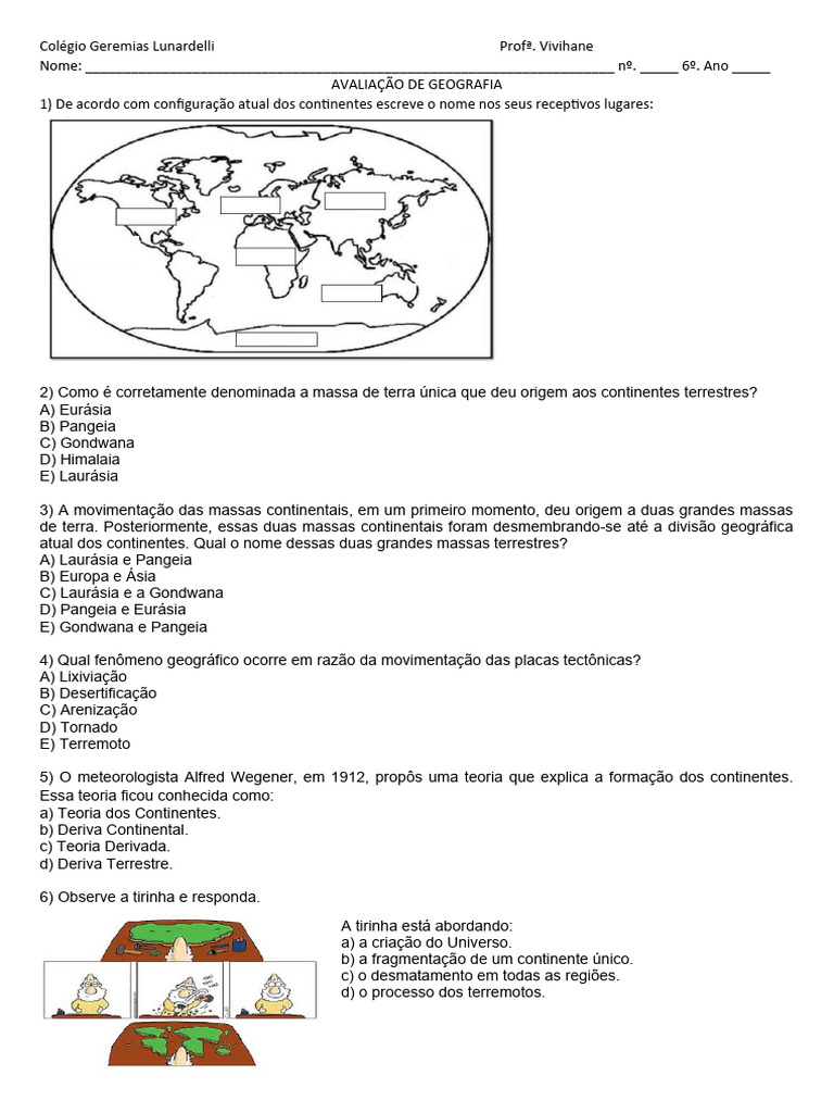 Avaliação Placas tectonicas 6 ano | PDF | Continente | Estrutura da Terra