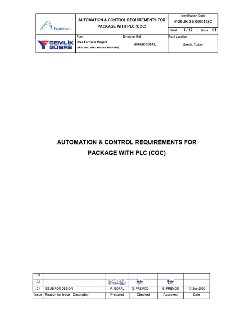 Automation & Control Requirements For Package With PLC (Coc) | PDF ...