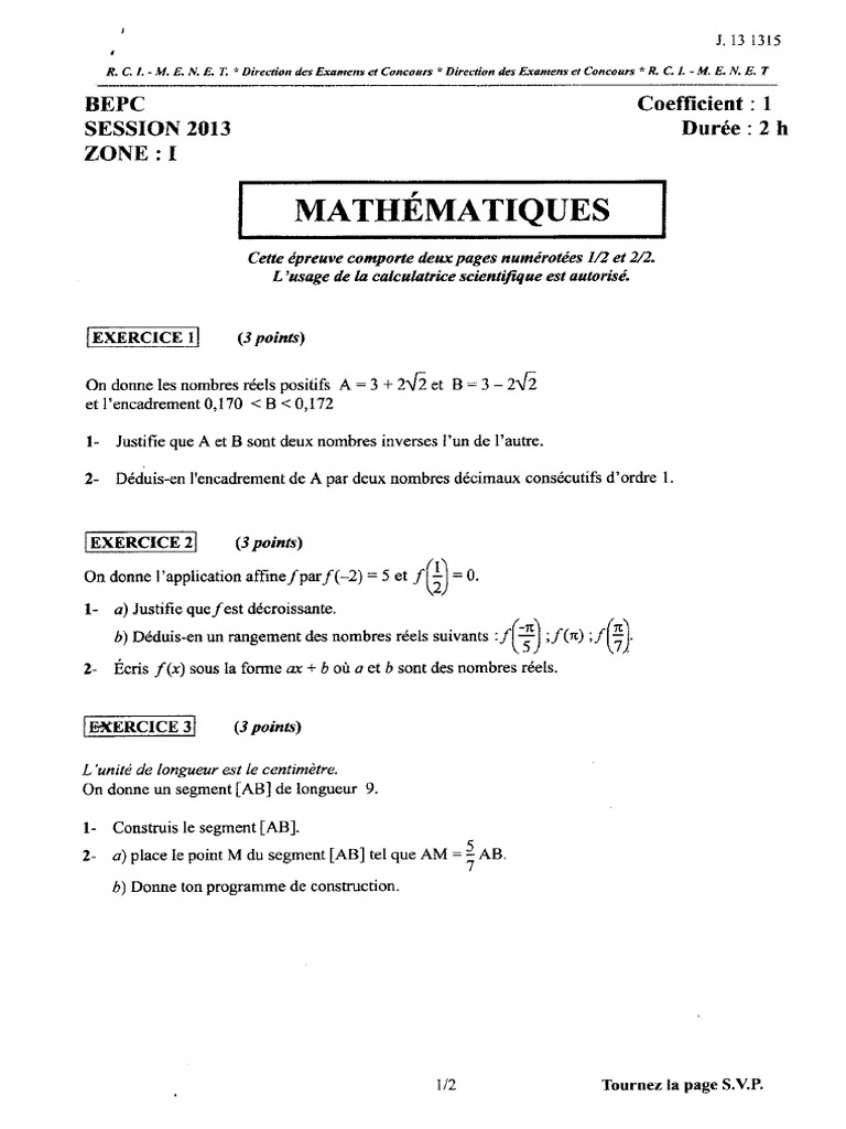Bepc Z1 Math 2013 | PDF