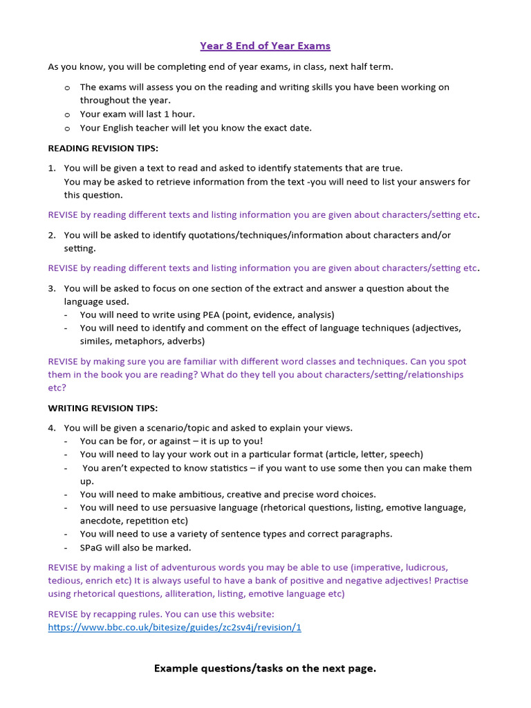 Year 8 End of Year Exams: Reading Revision Tips | PDF | Question ...