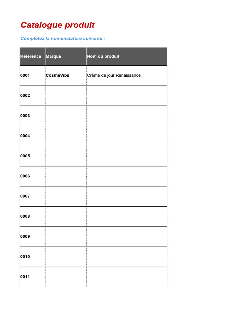 Exemple de catalogue produit Excel | PDF | Peau | Système tégumentaire