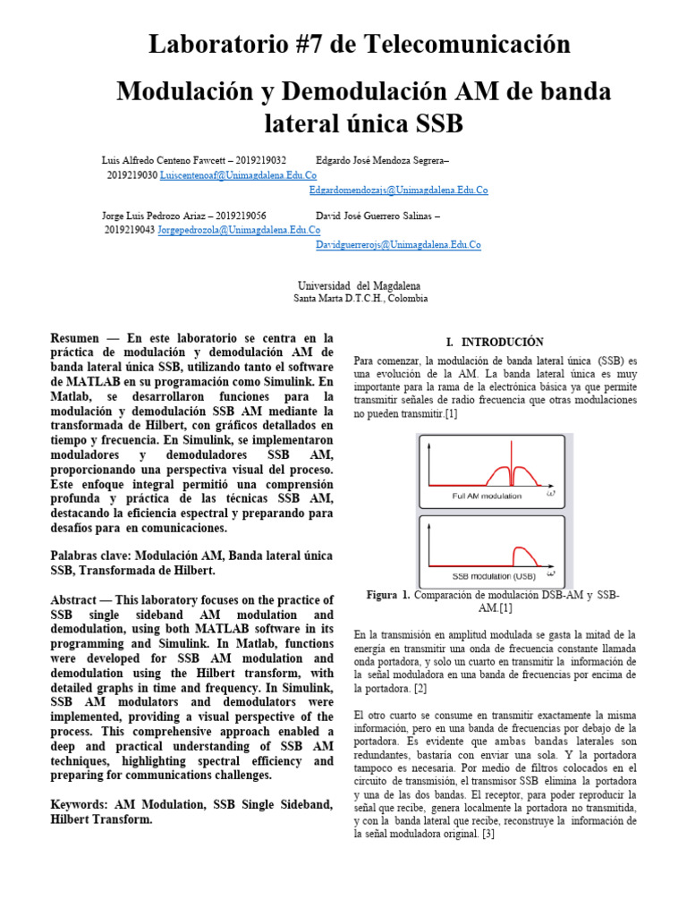 Lab 7 Modulación Y Demodulación Am De Banda Lateral Única Ssb Pdf Modulación Matlab