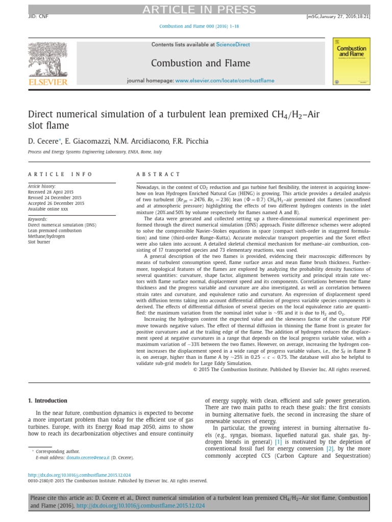 Direct Numerical Simulation of a Turbulent Lean Premixed CH4--H2–Air ... Direct Numerical Simulation of a Turbulent Lean Premixed CH4--H2–Air ...