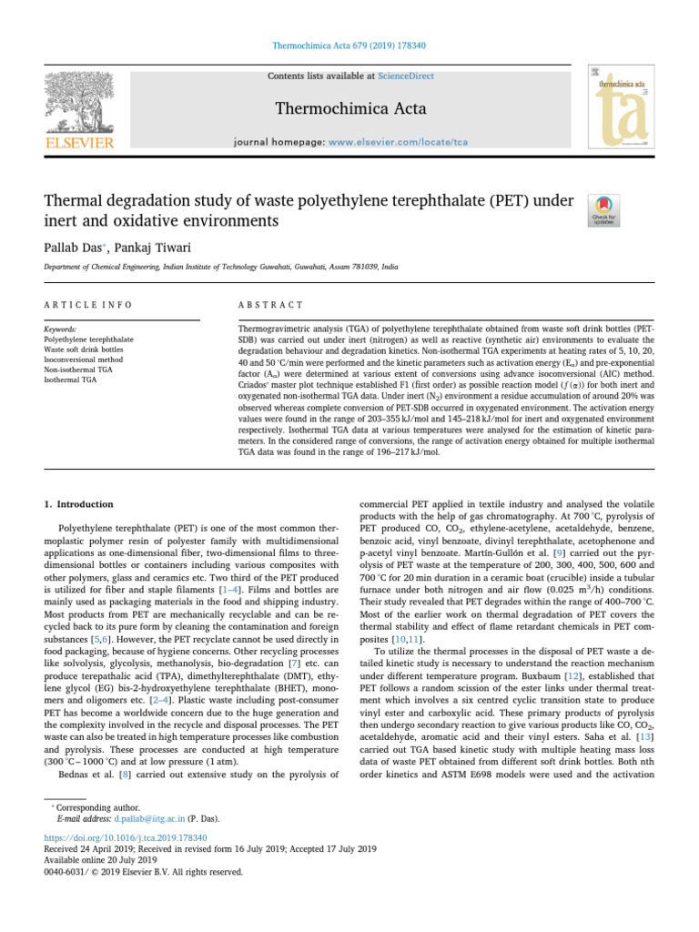 Thermal Degradation Study of Waste Polyethylene Terephthalate (PET) Under Inert and Oxidative ...