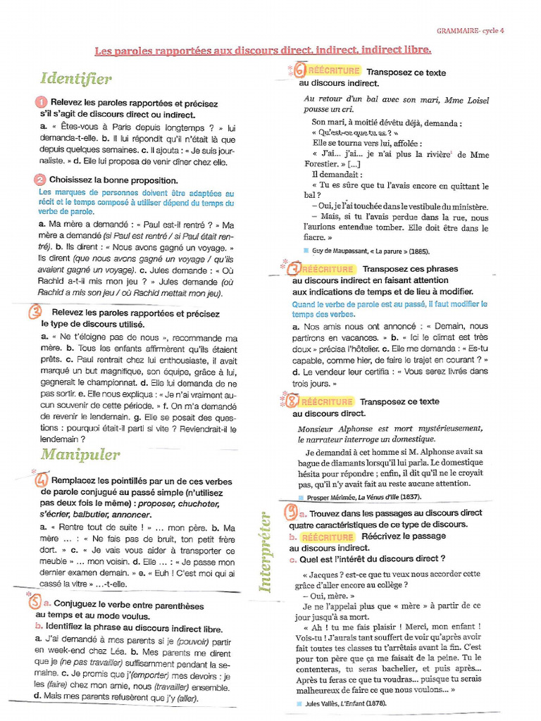 exercices-discours-direct-indirect-indirect-libre | PDF