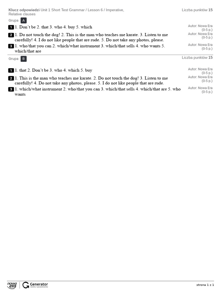 Unit 1 Short Test Grammar - Lesson 6 - Imperative, Relative Clauses ...