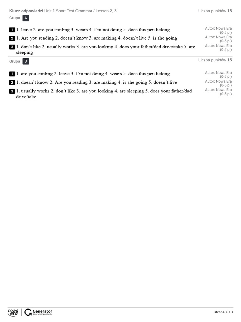 Unit 1 Short Test Grammar - Lesson 2, 3 Klucz Odpowiedzi | PDF
