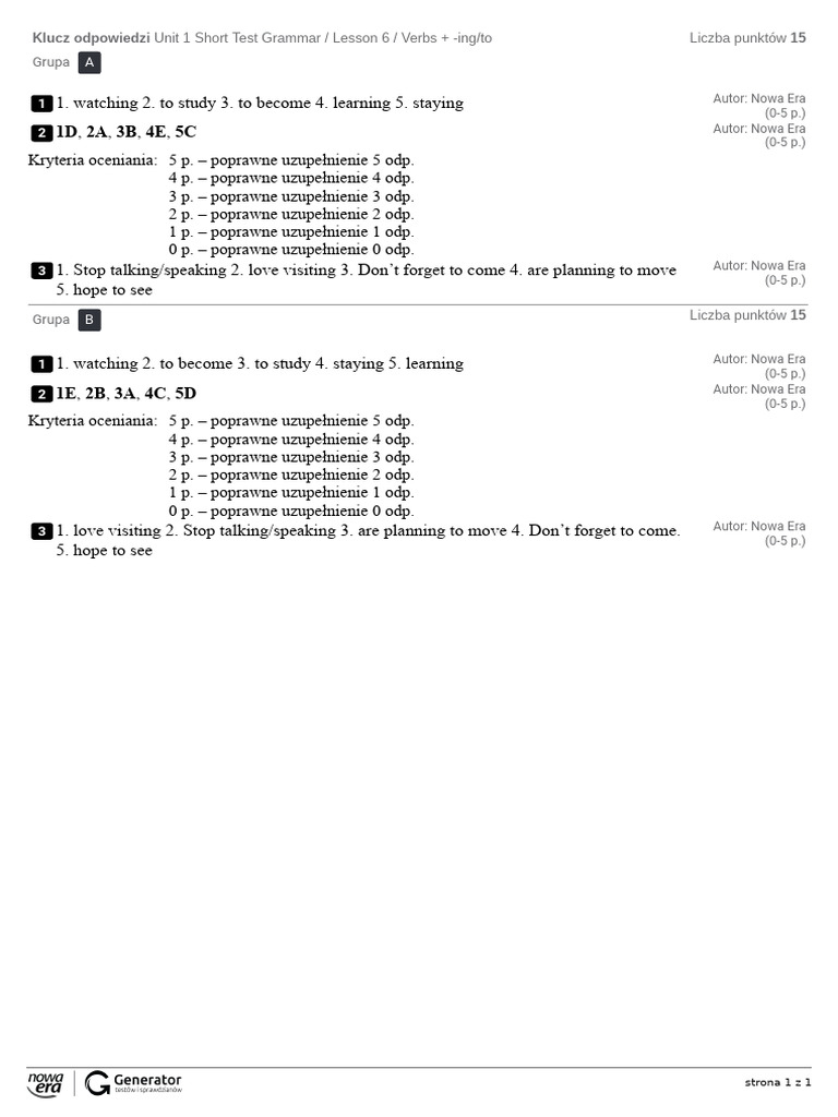 Unit 1 Short Test Grammar - Lesson 6 - Verbs + - Ing - To Klucz ...