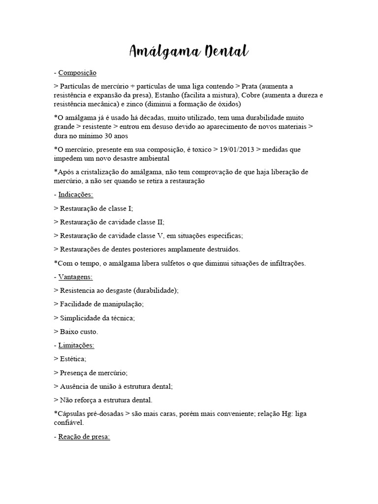 Amálgama Dental: Composição e Uso | PDF | Liga | Mercúrio (elemento)
