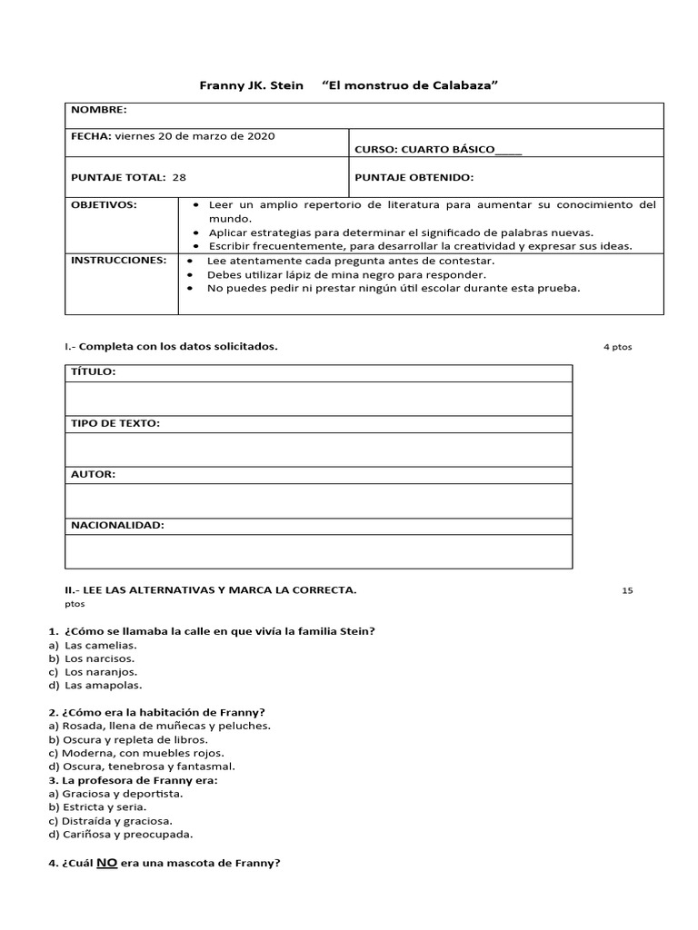 Prueba de Lectura: Franny JK. Stein | PDF