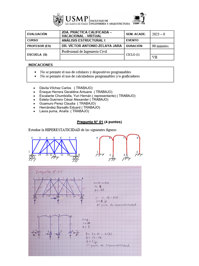 2da. Práctica Calificada AnalisisEstructural I 2023 - CC2 | PDF