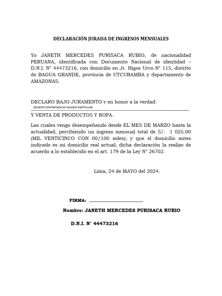 Declaración Jurada de Ingresos Mensuales | PDF | Finanzas y dinero | Ciencias sociales