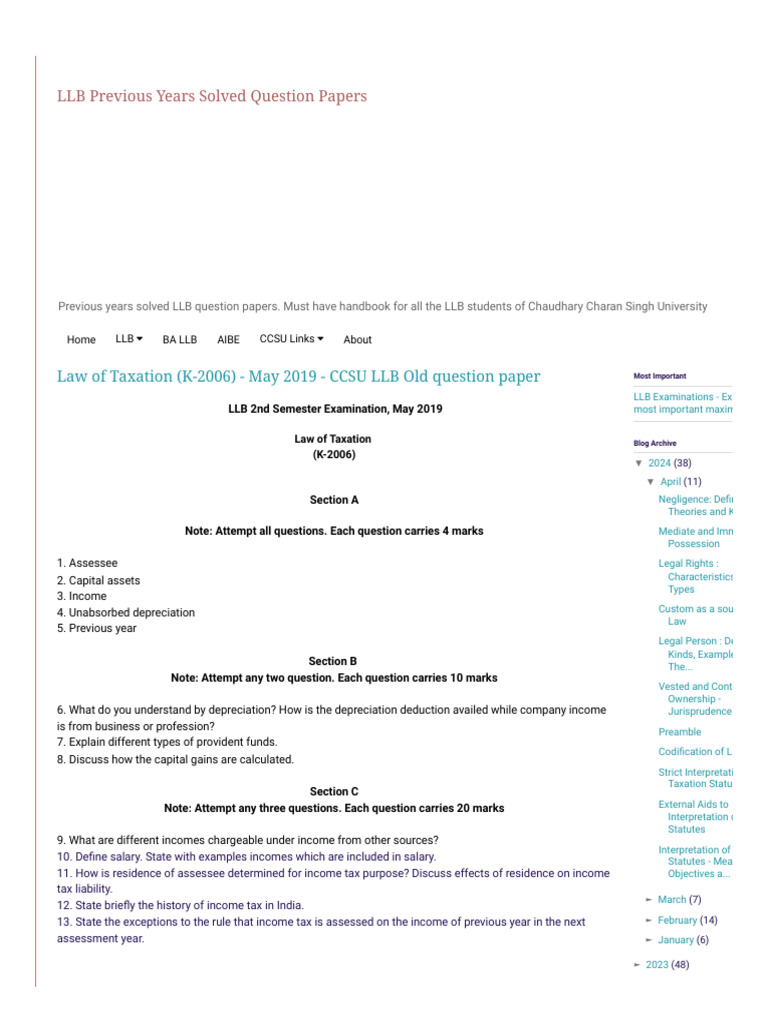 LLB Previous Years Solved Question Papers - Law of Taxation (K-2006 ...