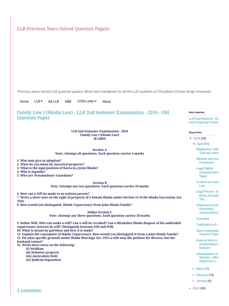 LLB Family Law Previous Year Papers | PDF | Social Institutions ...