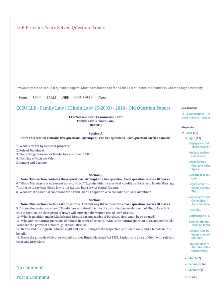 LLB Previous Years Solved Question Papers - CCSU LLB - Family Law I ...