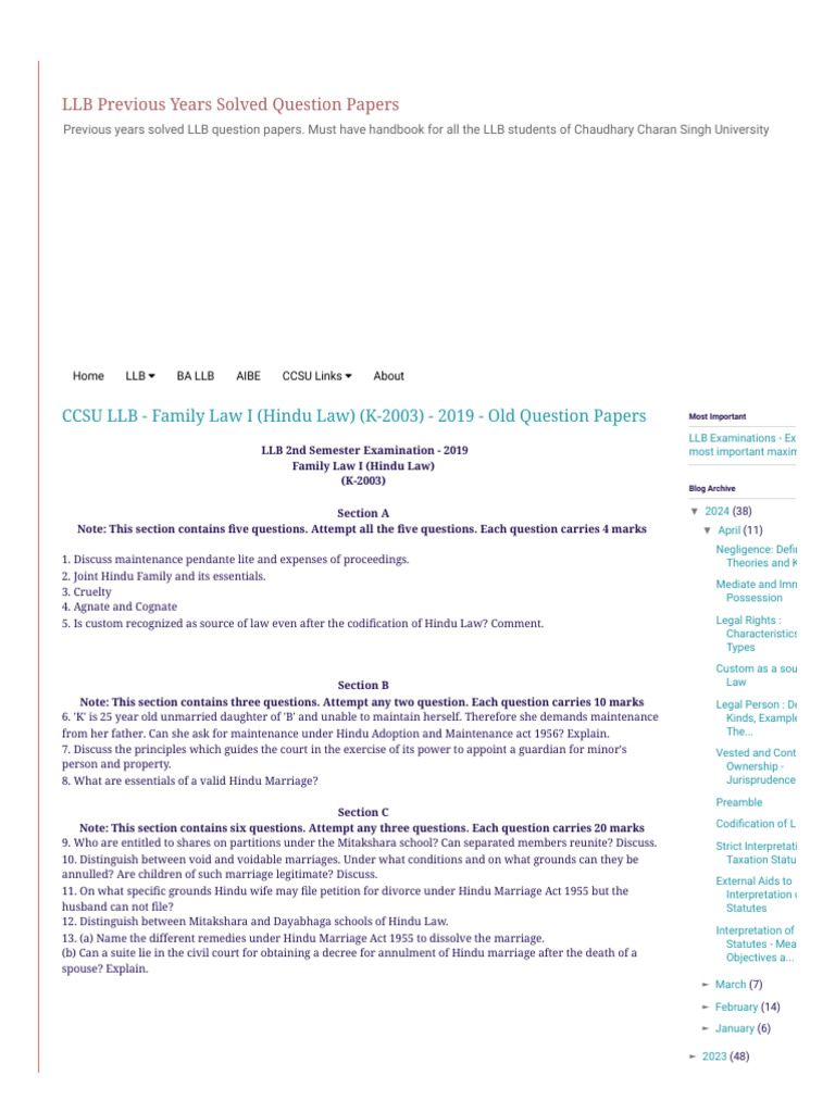 LLB Previous Years Solved Question Papers - CCSU LLB - Family Law I ...